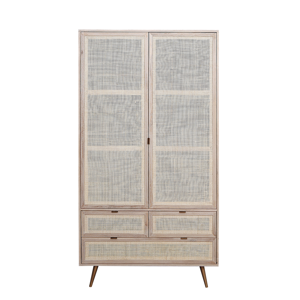 SPRING - Wardrobe L110 x H210 - Whitened acacia, natural cane and metal ...